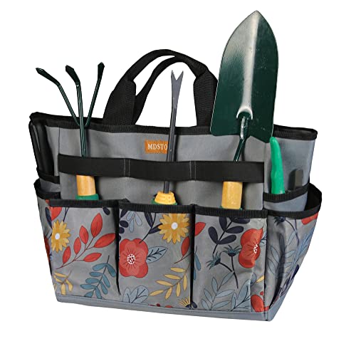 MDSTOP Garden Tool Bag, Garden Tool Kit Holder Home Organizer Storage Carrier, Oxford Garden Hand Tool Storage Tote Organizer with Handle and 8 Roomy Pockets, Floral Gardening Gift, Tools Not Included