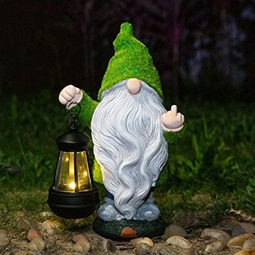 Flocked Garden Outdoor Gnome Statues Decor with Solar Lights ,Large Funny Gnome Garden Figurines for Outside Patio Yard Lawn House Farmhouse Sculptures Decorations Gifts