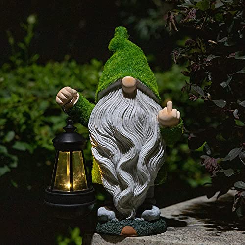 Flocked Garden Outdoor Gnome Statues Decor with Solar Lights ,Large Funny Gnome Garden Figurines for Outside Patio Yard Lawn House Farmhouse Sculptures Decorations Gifts