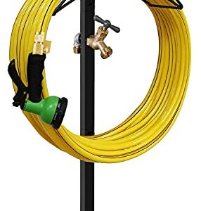 Artigarden Outdoor Hose Holder Stand with Brass Spigot Faucet - Freestanding Metal Water Pipe Extension Hanger Stake Heavy Duty Storage Organizer for Garden Lawn & Backyard