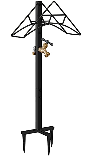 Artigarden Outdoor Hose Holder Stand with Brass Spigot Faucet - Freestanding Metal Water Pipe Extension Hanger Stake Heavy Duty Storage Organizer for Garden Lawn & Backyard