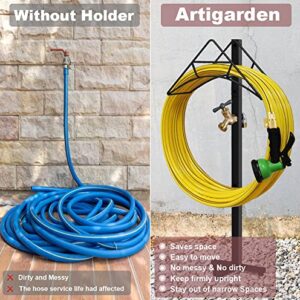 Artigarden Outdoor Hose Holder Stand with Brass Spigot Faucet - Freestanding Metal Water Pipe Extension Hanger Stake Heavy Duty Storage Organizer for Garden Lawn & Backyard