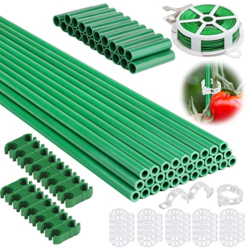 Cludoo 96pcs Garden Stakes Set with 30pcs Sturdy Fiberglass Plant Sticks Stakes Supports, Garden Clips, Connector, Twist Tie and Rotatable Clip for Vegetables, Tomato, Pepper, Trees, Fences DIY