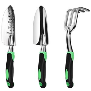 zuzuan garden tool set, 3 pack aluminum heavy duty gardening kit includes hand trowel, transplant trowel and cultivator hand rake with soft rubberized non-slip ergonomic handle, garden gifts