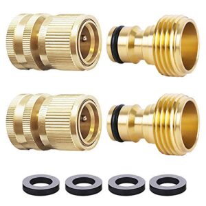 hqmpc garden hose quick connect solid brass quick connector garden hose fitting water hose connectors garden hose disconnect 3/4 inch ght (2sets) (2female+2male)