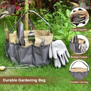 Carsolt Garden Tool Set - 7 Piece Stainless Steel Heavy Duty Wooden Handle Gardening Tools, Gardening Kit for Digging Planting Pruning with Durable Tote Bag Gift Box Ideal Garden Gifts for Women Men