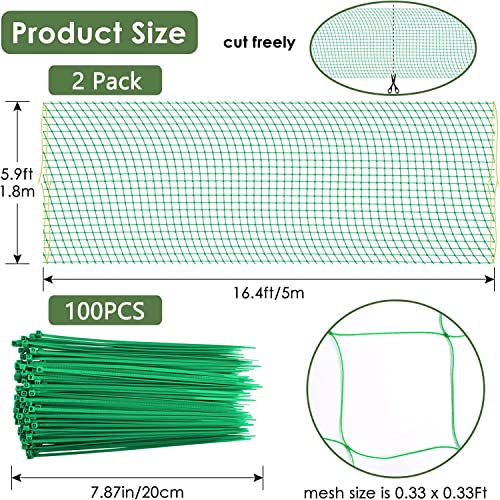 PACETAP 2PCS 6x16.4Ft Trellis Netting for Outdoor Climbing Plants, Garden Plant Trellis Netting with 100PCS Zip Ties for Cucumber, Tomato, Vine, Vegetable Fruit and Flowers