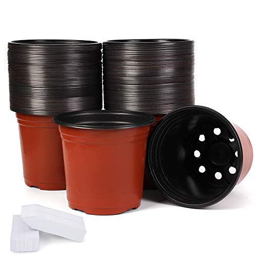 JERIA 100-Pack 6 Inch Plastic Plant Nursery Pots Come with 100 Pcs Plant Labels, Seedling Flower Plant Container and Seed Starting Pots