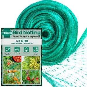 yhmall bird netting 13 x 33 feet, green plant garden netting reusable heavy duty, fruit tree netting with 50 pcs cable ties protect fruit trees blueberries plants and vegetables from birds and animals