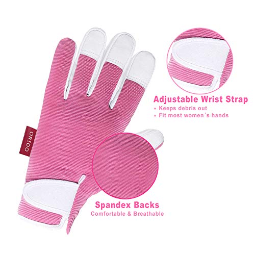 ORIDO Gardening Gloves for Women - Leather Working Gloves for Womens Work Glove for Yard Gardening Weeding Digging and Pruning(Small,Pink)