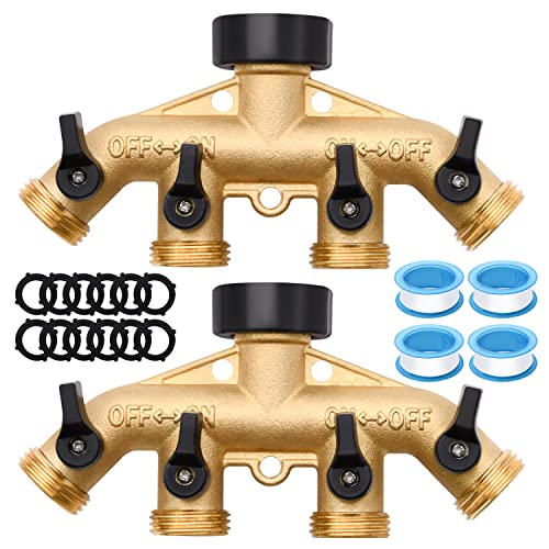 4 Way Hose Splitter, 2 Pack Heavy Duty Brass Garden Hose Splitter, for 3/4" Hose Connector, Hose Spigot Adapter 4 Valves, Brass Garden Hose Manifold with 12 Rubber Washers & 4 Tapes (2 pack 4 way)