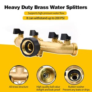 4 Way Hose Splitter, 2 Pack Heavy Duty Brass Garden Hose Splitter, for 3/4" Hose Connector, Hose Spigot Adapter 4 Valves, Brass Garden Hose Manifold with 12 Rubber Washers & 4 Tapes (2 pack 4 way)