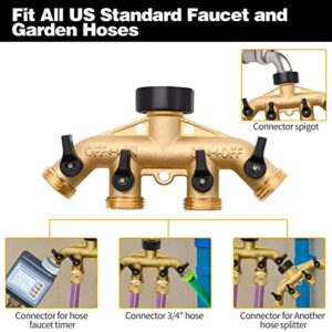 4 Way Hose Splitter, 2 Pack Heavy Duty Brass Garden Hose Splitter, for 3/4" Hose Connector, Hose Spigot Adapter 4 Valves, Brass Garden Hose Manifold with 12 Rubber Washers & 4 Tapes (2 pack 4 way)