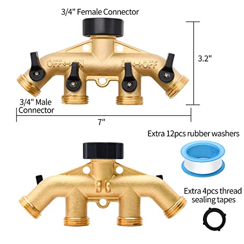 4 Way Hose Splitter, 2 Pack Heavy Duty Brass Garden Hose Splitter, for 3/4" Hose Connector, Hose Spigot Adapter 4 Valves, Brass Garden Hose Manifold with 12 Rubber Washers & 4 Tapes (2 pack 4 way)