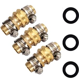 3sets brass garden hose mender end repair kit water hose end mender with stainless steel clamp,female and male hose connector (3/4)