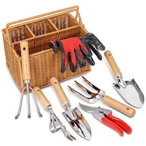 soligt gardening hand tools with basket – garden tool set with pruning shears, cultivator, gloves – heavy-duty stainless steel gardening tools with wood handle – gardening gifts for women men