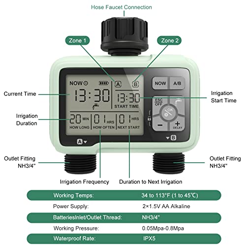 Yomile Sprinkler Timer, Programmable Water Timer with Rain Delay/Manual/Child Lock Automatic Irrigation System Hose Timer for Garden Faucet, Outdoor Irrigation Timer Controller for Lawn Yard, 2 Zones