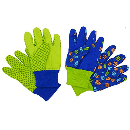 HANDLANDY Kids Gardening gloves for age 5-6, age 7-8, 2 Pairs Child Garden Working Gloves for girls boys, Dot & Butterfly & Ladybird Print (Medium (age 7-8), Green (ladybird+ dot))