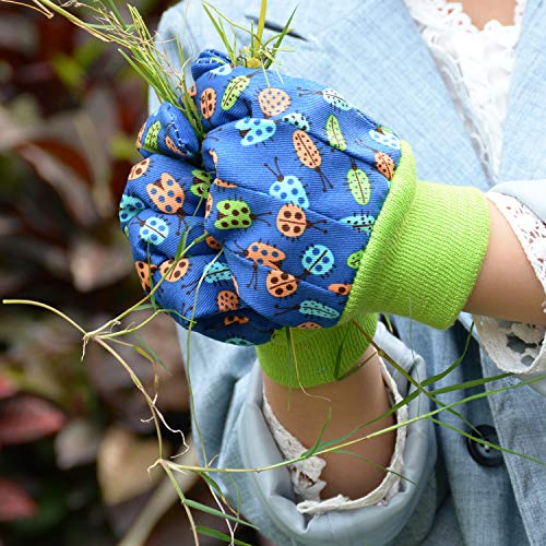 HANDLANDY Kids Gardening gloves for age 5-6, age 7-8, 2 Pairs Child Garden Working Gloves for girls boys, Dot & Butterfly & Ladybird Print (Medium (age 7-8), Green (ladybird+ dot))