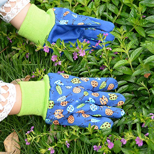 HANDLANDY Kids Gardening gloves for age 5-6, age 7-8, 2 Pairs Child Garden Working Gloves for girls boys, Dot & Butterfly & Ladybird Print (Medium (age 7-8), Green (ladybird+ dot))