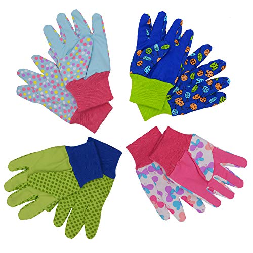 HANDLANDY Kids Gardening gloves for age 5-6, age 7-8, 2 Pairs Child Garden Working Gloves for girls boys, Dot & Butterfly & Ladybird Print (Medium (age 7-8), Green (ladybird+ dot))