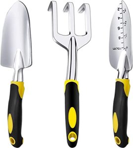 edward tools gardening hand tools 3 piece set – heavy duty garden trowel, transplanter, hand rake – ergo grip handle – bend-proof & rust-proof design – cultivator, garden hand shovel