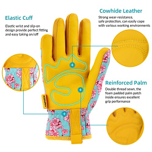 Leather Gardening Gloves for Women, JUMPHIGH Tough Cowhide Working Gloves, Flexible Breathable Spandex, Thorn Proof Garden Gloves for Yard, Gardening Gifts for Gardener (Medium)