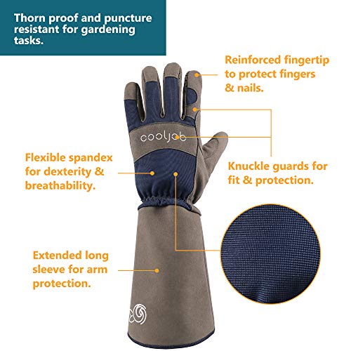 COOLJOB Rose Pruning Thorn Proof Gardening Gloves, Long Sleeve Puncture Proof Gloves with Forearm Protection for Women and Men, Large Size, Navy & Grey (1 Pair L)