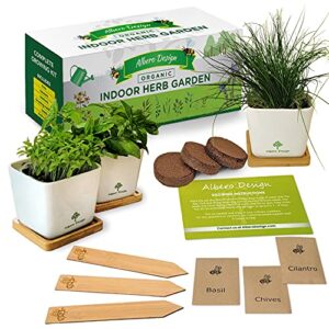 indoor herb garden kit complete kitchen windowsill herb garden – ceramic pots, wondersoil, bamboo saucers and markers – indoor organic herb gardening gifts diy kits for women and men