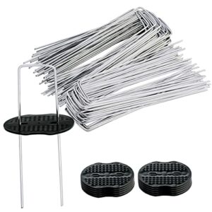 100 pcs 6 inch u-shaped landscape staples and 10 pcs fixing gasket sets, garden landscape staples are suitable for outdoor irrigation hoses, artificial turf nails, fixed fences and tents, etc.