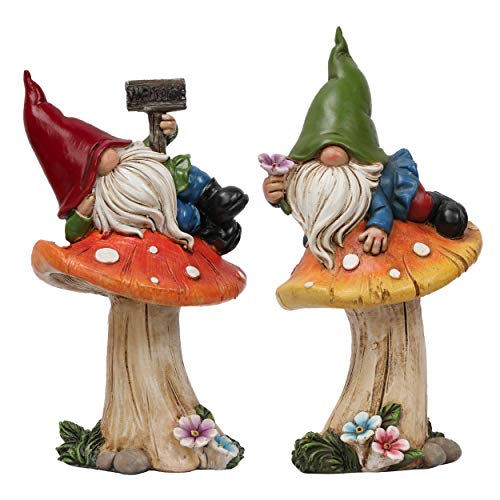 TERESA'S COLLECTIONS Garden Gnomes Statues, Lawn Ornaments, Set of 2 Outdoor Gnomes Mushrooms Statues, Funny Resin Garden Statues for Patio Yard Home Decoration 6.7 inch