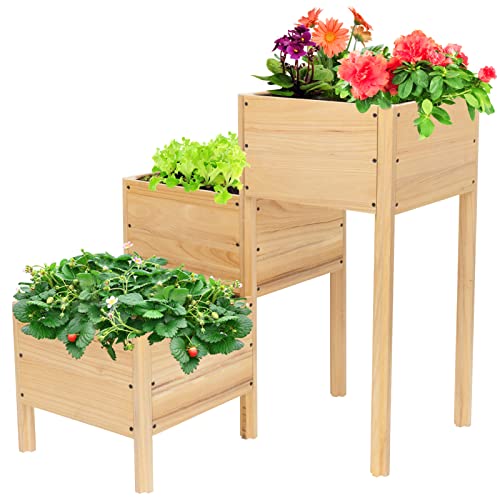 3 Tier Wooden Raised Garden Bed with Legs - Raised Planter Boxes Elevated Planter, Adjustable Mounting Structure for Indoors Outdoors Vegetable Flower Herb Growing Large Space Wood Planting Box