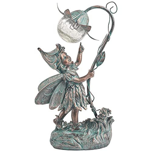 TERESA'S COLLECTIONS Solar Fairy Girls Statue Garden Decor for Outside,Waterproof Resin Outdoor Fairy Angel Figurines Sculptures Lawn Ornaments for Patio Yard Decorations, 13.5 Inch(Bronze)