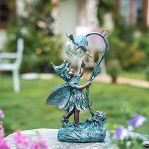 TERESA'S COLLECTIONS Solar Fairy Girls Statue Garden Decor for Outside,Waterproof Resin Outdoor Fairy Angel Figurines Sculptures Lawn Ornaments for Patio Yard Decorations, 13.5 Inch(Bronze)