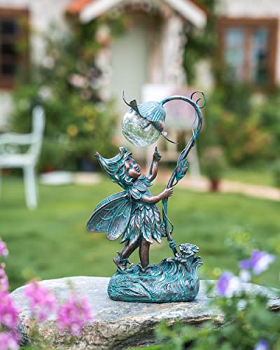 TERESA'S COLLECTIONS Solar Fairy Girls Statue Garden Decor for Outside,Waterproof Resin Outdoor Fairy Angel Figurines Sculptures Lawn Ornaments for Patio Yard Decorations, 13.5 Inch(Bronze)