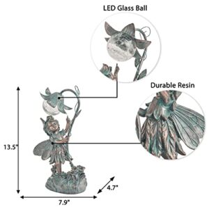 TERESA'S COLLECTIONS Solar Fairy Girls Statue Garden Decor for Outside,Waterproof Resin Outdoor Fairy Angel Figurines Sculptures Lawn Ornaments for Patio Yard Decorations, 13.5 Inch(Bronze)