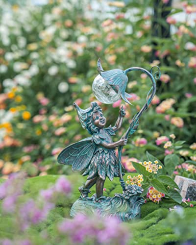 TERESA'S COLLECTIONS Solar Fairy Girls Statue Garden Decor for Outside,Waterproof Resin Outdoor Fairy Angel Figurines Sculptures Lawn Ornaments for Patio Yard Decorations, 13.5 Inch(Bronze)