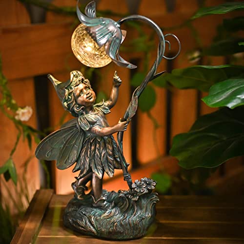 TERESA'S COLLECTIONS Solar Fairy Girls Statue Garden Decor for Outside,Waterproof Resin Outdoor Fairy Angel Figurines Sculptures Lawn Ornaments for Patio Yard Decorations, 13.5 Inch(Bronze)