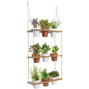 kimisty wall hanging herb planters, 3 tiered vertical planter shelf with metal pot set, indoor garden, wood herb garden for kitchen, vertical hanging planters wall hanging – terracotta & white pots