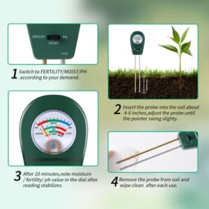 3 in 1 Soil Tester, Soil Moisture/Fertility/pH Test, Soil Moisture Meter Sensor, Soil Test Kit for Garden, Farm, Plant, Outdoor, Indoor, Lawn Use, No Battery (Green)