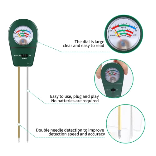 3 in 1 Soil Tester, Soil Moisture/Fertility/pH Test, Soil Moisture Meter Sensor, Soil Test Kit for Garden, Farm, Plant, Outdoor, Indoor, Lawn Use, No Battery (Green)