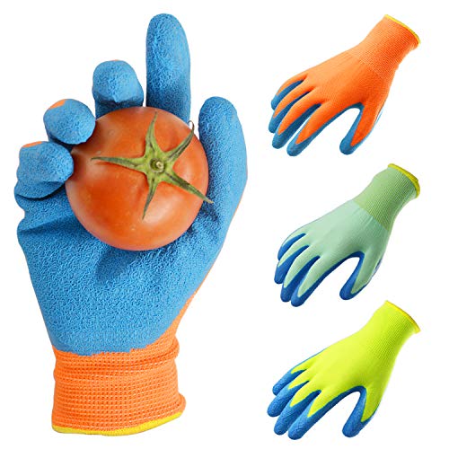 GLOSAV Durable Toddlers Garden Gloves, Kids Gardening Gloves for Ages 2-12, Kids Work Gloves for Fishing, Yard, 3 Pairs (Size 2 for 2, 3, 4 Year Old)