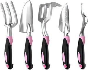 garden tool set soyus heavy duty 5 piece gardening kit aluminum alloy garden spade shovel for digging hand trowel weeder cultivator rake with ergonomic non-slip girp pink garden tools gifts for women