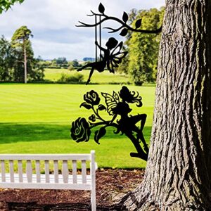 Hotop 3 Pieces Fairy Silhouette Statue Metal Fairy Branch Decoration Steel Fairy Metal Craft Outdoor Garden Butterfly Flower Decor Branch Tree Metal Art for Indoor Outdoor Home Yard Patio Lawn