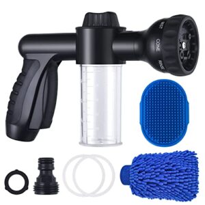 garden hose nozzle, hose soap sprayer attachment, car wash hose sprayer with soap dispenser bottle & dog rubber comb brush, dog bathing sprayer for pet showering, car washing, watering plants, patio