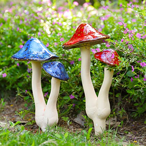 Mushroom Yard Decor - 2pcs Ceramic Mushroom for Garden, Mushroom Statue Decor, Fairy Garden Stakes Ceramic Lawn Ornament Decor Plants Stake