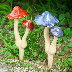 Mushroom Yard Decor - 2pcs Ceramic Mushroom for Garden, Mushroom Statue Decor, Fairy Garden Stakes Ceramic Lawn Ornament Decor Plants Stake