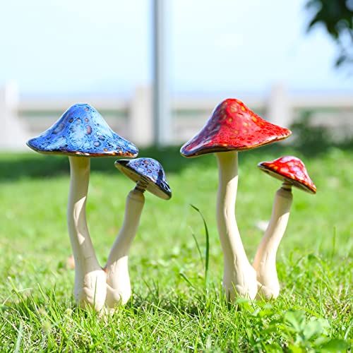 Mushroom Yard Decor - 2pcs Ceramic Mushroom for Garden, Mushroom Statue Decor, Fairy Garden Stakes Ceramic Lawn Ornament Decor Plants Stake