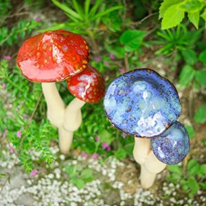 Mushroom Yard Decor - 2pcs Ceramic Mushroom for Garden, Mushroom Statue Decor, Fairy Garden Stakes Ceramic Lawn Ornament Decor Plants Stake