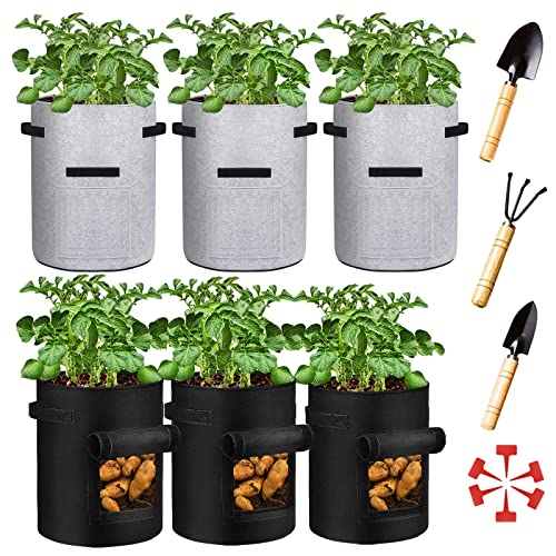 6 Pack 10 Gallon Potato Grow Bags with Flap Window, Garden Planting Bag with Durable Handle, Plant Pots for Tomato, Vegetable and Fruits